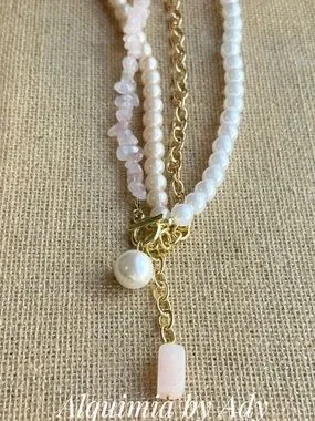 Alquimia | Jewelry | Gold Chain With Pink Quartz Beads And Pearl Charm ...